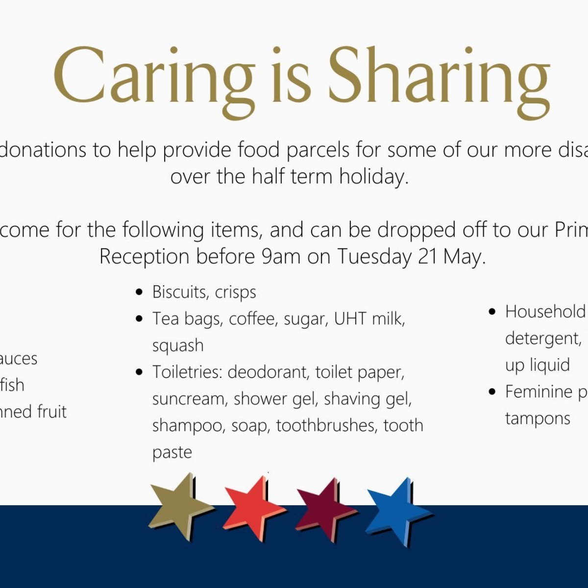 Caroline Chisholm School - Caring is Sharing - May half term